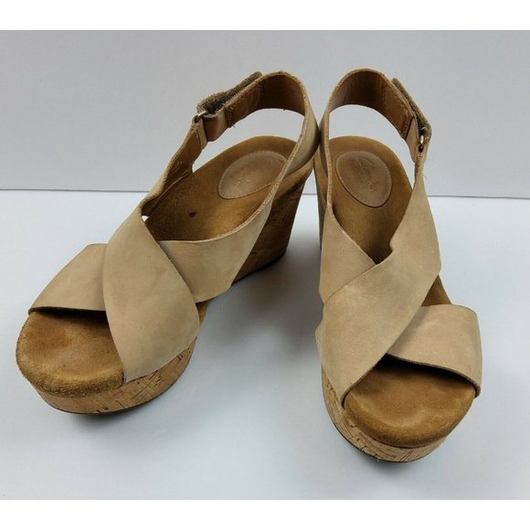 Clarks | Shoes | Clarks Artisan Slingback Cork Wedge Sandals Shoes Tan ...